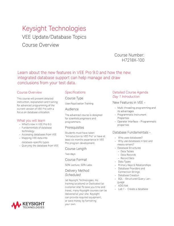 VEE Update/Database Topics, Course Number: H7218X-100 - Course Overview PDF Asset Page | Keysight